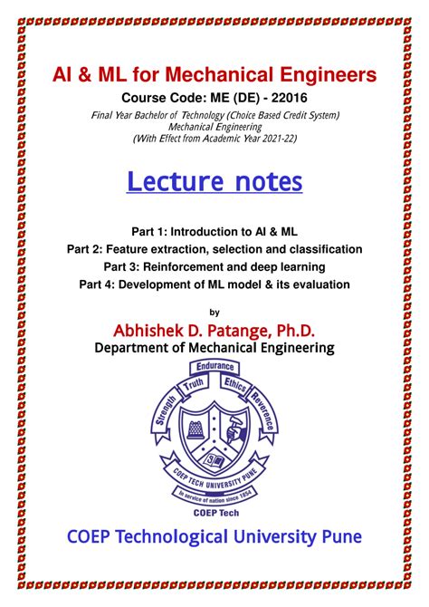PDF Lecture Notes Of The Course AI ML For Mechanical Engineers At COEP Technological