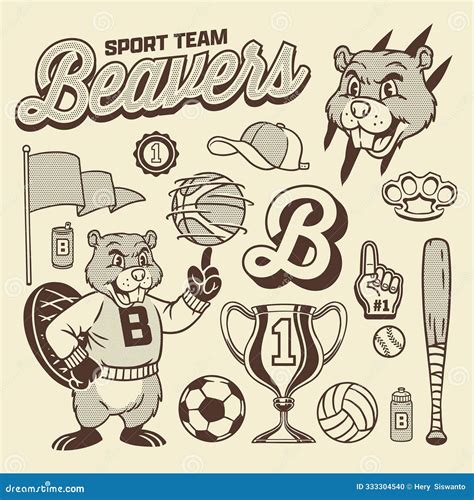 Beaver Mascot Vintage Hand Drawn Object Set Stock Illustration