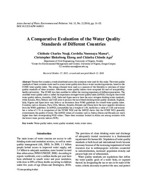 Pdf A Comparative Evaluation Of The Water Quality Standards Of