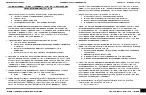 AFAR EX Joint And By Product Costing Activity Based Costing Backflush Costing And