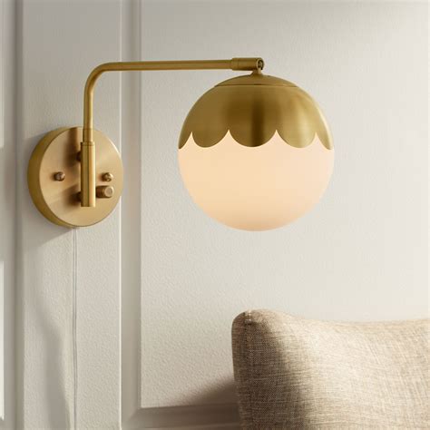 360 Lighting Kelowna Mid Century Modern Swing Arm Wall Lamp Brass Plug