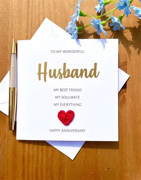 Husband Anniversary Card Crochet Heart Romantic Card Gold Lettering
