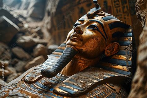 Sarcophagus With Egyptian Mummy On A Colorful Hieroglyphs Wall Background Inside A Tomb In A