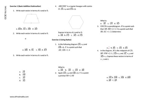 GCSE Vector Worksheet Exercise 1 Basic Addition Subtraction Write Each Vector In Terms Of A