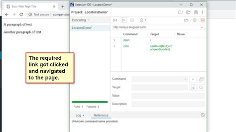 new selenium ide using click command for clicking a link qafox