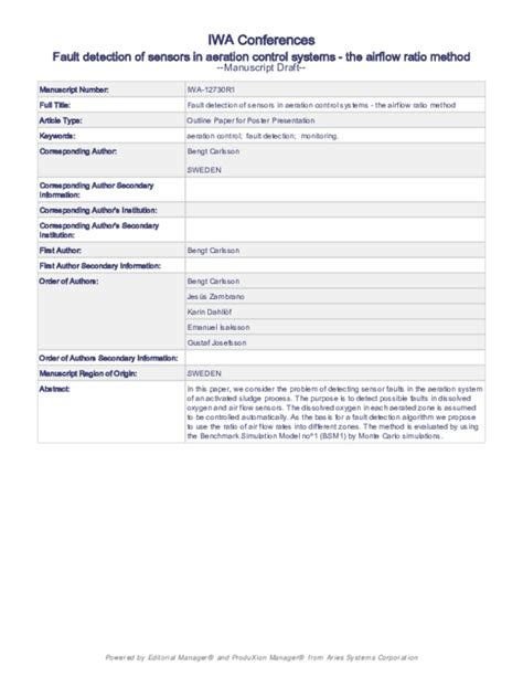 Pdf Fault Detection Of Sensors In Aeration Control Systems The Airflow Ratio Method
