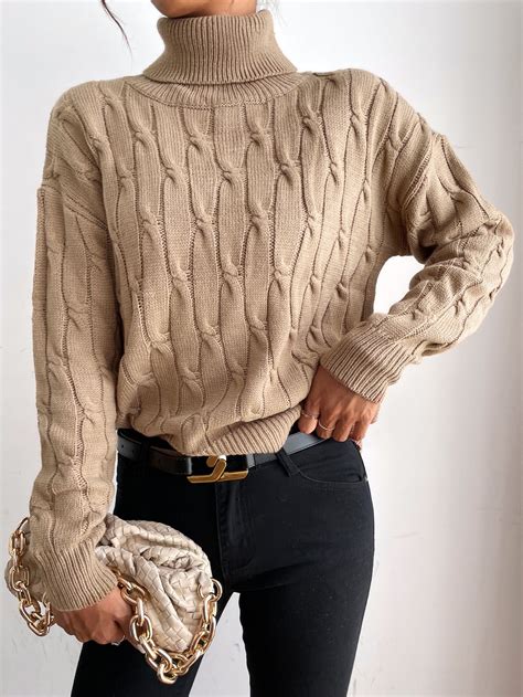 Cable Knit Turtleneck Drop Shoulder Sweater Ladies Turtleneck