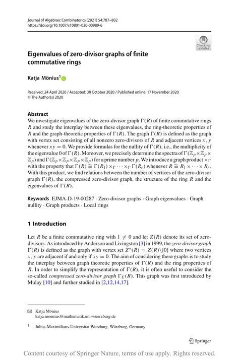Pdf Eigenvalues Of Zero Divisor Graphs Of Finite Commutative Rings