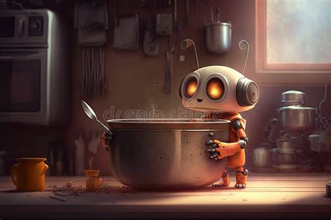 Cute Robot Assistant Cooking A Meal For Its Human Companion Stock Illustration Illustration
