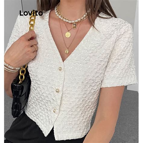 Lovito Casual Blusa Feminina De Manga Curta Com Botão Frontal E Decote