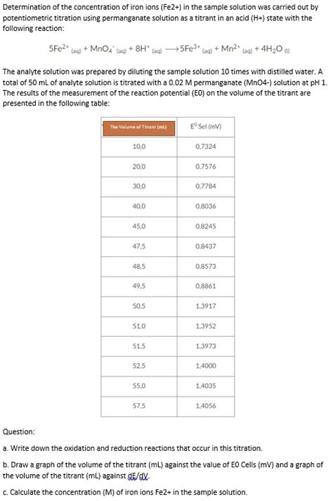 Solved Determination Of The Concentration Of Iron Ions Fe2 In The Sample Solution Was