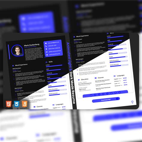 resume or cv animation html css and javascript light and dark mode buymeacoffee