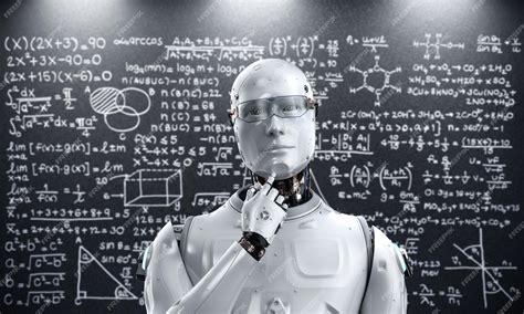 premium photo machine learning concept 3d rendering robot with math