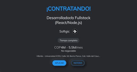 desarrollador a fullstack react node js en softgic torre