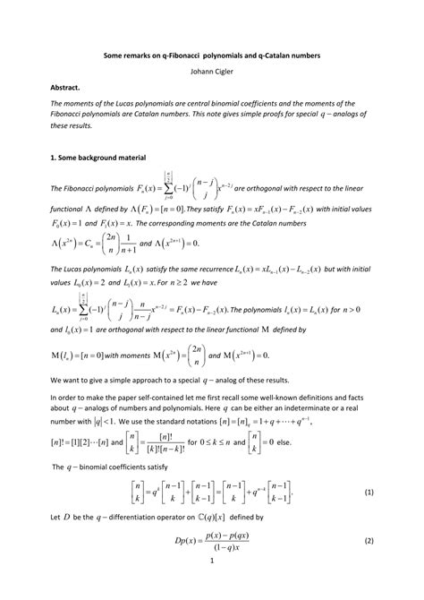 Pdf Some Remarks On Q Fibonacci Polynomials And Q Catalan Numbers