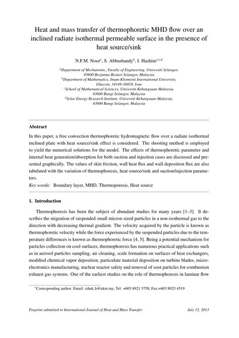 Pdf Heat And Mass Transfer Of Thermophoretic Mhd Flow Over An Inclined Radiate Isothermal