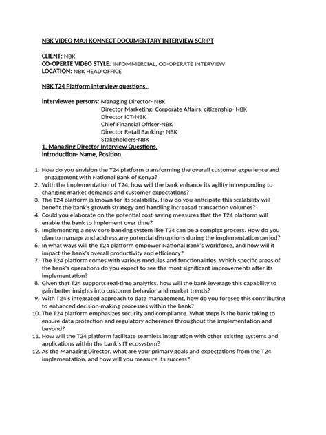 Nbk Video T24 Platform Videos Interview Script Pdf Corporate Social
