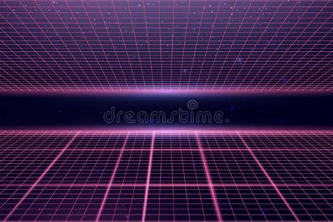Wireframe Perspective Grid Space Neon Infinity Mesh Abstract Retro Background Stock Vector