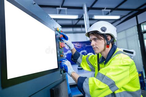 man engineer using computer blank white screen controlling machine automation robotics at