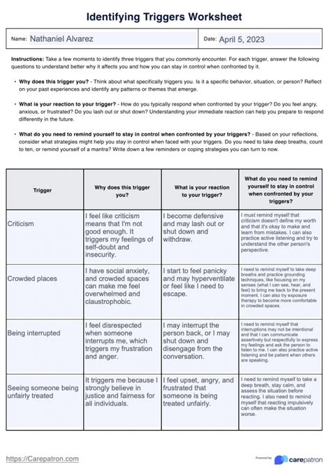 Identifying Emotional Triggers Worksheet Printable Pdf Template