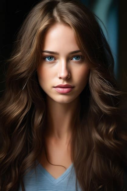 Woman With Long Brown Hair And Blue Eyes Is Looking At The Camera