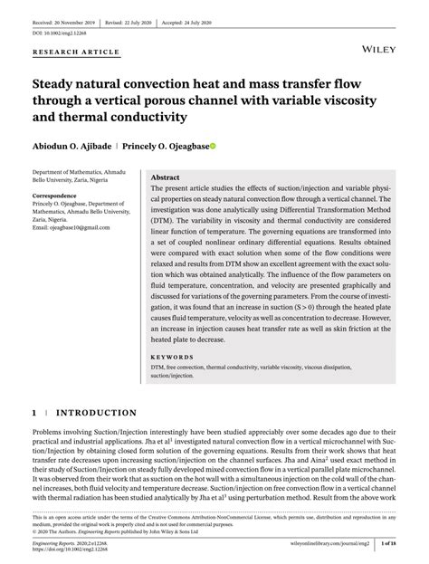 Pdf Steady Natural Convection Heat And Mass Transfer Flow Through A