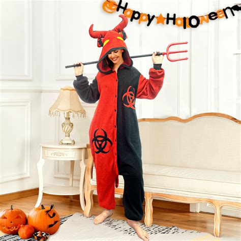 Women Men Winter Casual Devil Onesie Demon Baron Pajamas Costume Patchwork Sleepwear Pyjamas