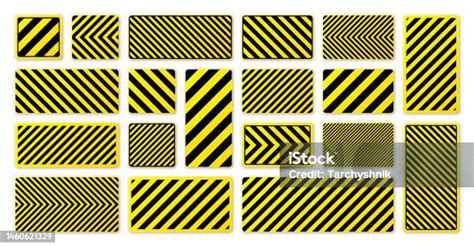 대각선이있는 다양한 검은 색과 노란색 경고 표지판 주의 위험 또는주의 표지판 건설 현장 표지판 현실적인 통지 간판 경고 배너