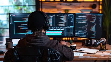 Software Developer Working On Code In Dual Monitor Setup Aig41 Stock