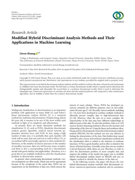 Modified Hybrid Discriminant Analysis Methods And Their Applications In Machine Learning Docslib