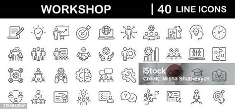 라인 스타일의 웹 아이콘 워크샵 세트입니다 Business Workshop 웹 및 모바일 앱용 아이콘입니다 팀 빌딩 팀워크 코칭 회의 관리 코칭 동기 부여 등을 포함합니다
