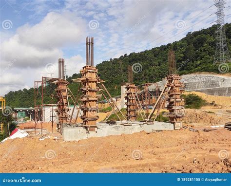 Column Timber Form Work And Reinforcement Bar At The Construction Site Editorial Image Image