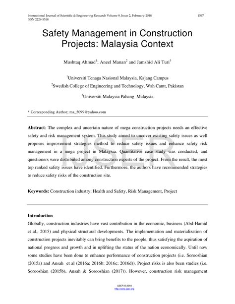 Pdf Safety Management In Construction Projects Malaysia Context