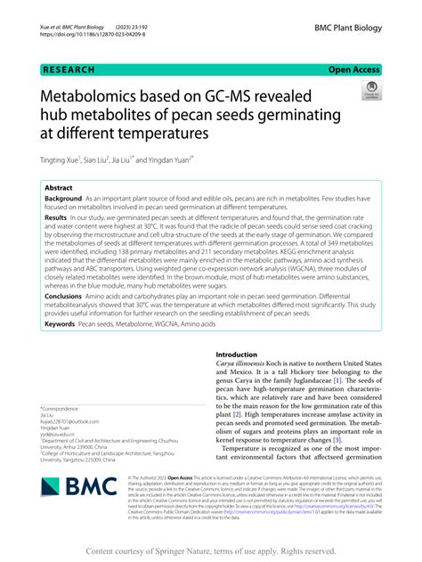 Pdf Metabolomics Based On Gc Ms Revealed Hub Metabolites Of Pecan Seeds Germinating At