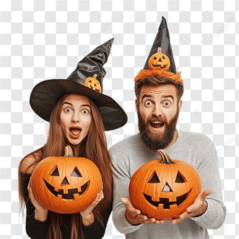 아름다운 할로윈 놀란 여자와 호박을 들고 모자 의상을 입은 잘생긴 수염난 남자 할로윈 축하 투명한 Png 일러스트 및 이미지 에 대한 무료 다운로드 Pngtree