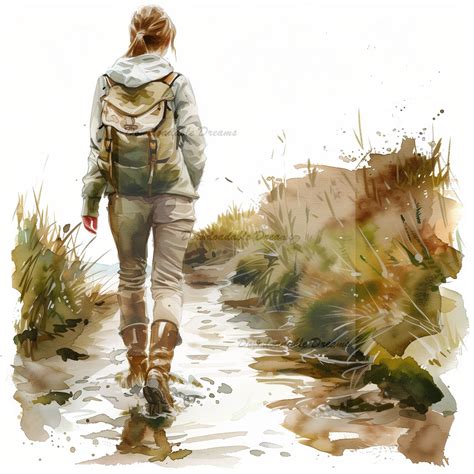 Watercolor Hiking Clipart Bundle Women On Trail Commercial Use