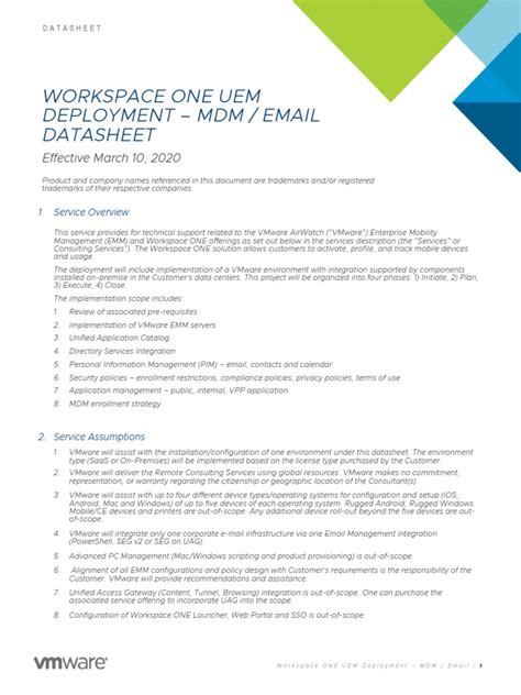 workspace one uem deployment mdm email datasheet pdf microsoft