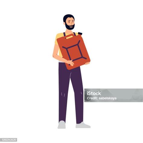 가솔린 플랫 만화 벡터 일러스트 고립 캔을 들고 사람을 들고 수리 가솔린에 대한 스톡 벡터 아트 및 기타 이미지 가솔린 검사 보기 교통수단 Istock