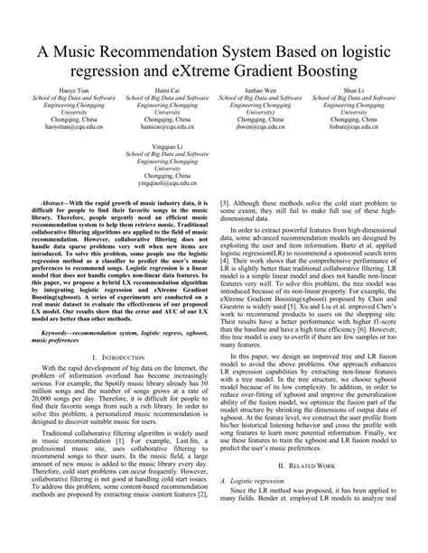 Pdf A Music Recommendation System Based On Logistic Regression And Extreme Gradient Boosting