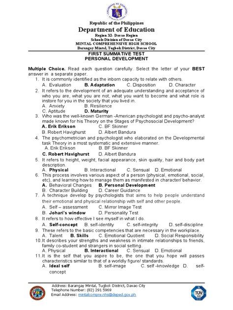 Personal Development 1st Summative Test Pdf Self Concept Psychology