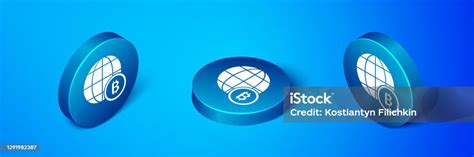 동면 글로브와 암호 화폐 동전 비트 코인 아이콘은 파란색 배경에 고립 물리적 비트 동전 블록 체인 기반의 안전한 암호화 통화 파란색 원 버튼입니다 벡터 0명에 대한 스톡