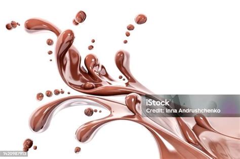 핫 다크 초콜릿 동적 튀기 액체 스플래쉬 소스 또는 시럽 크림 또는 코코아 음료 흐름 및 부어 흰색 배경에 고립 된 음식 일러스트레이션 3d 렌더링 3차원 형태에 대한 스톡