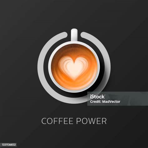 커피 파워 벡터 3d 사실적인 흰색 도자기 세라믹 머그잔 원 스위치 기호 폼 밀크 커피 카푸치노 하트 패턴의 라떼 톱 뷰에서 커피 컵 컨셉 배너 디자인 템플릿 개념에 대한
