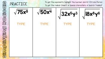 Simplify Radicals Digital Notes Practice By PumpkinPi TpT