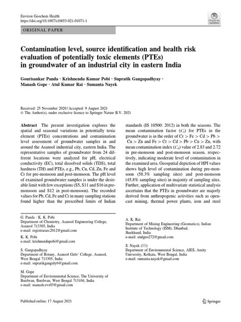 Contamination Level Source Identification And Health Risk Evaluation