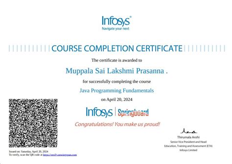Completed Java Course On Infosys Springboard Sai Lakshmi Prasanna