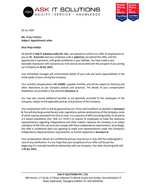 Appointment Letter Priya Patidar Pdf Taxes Economies