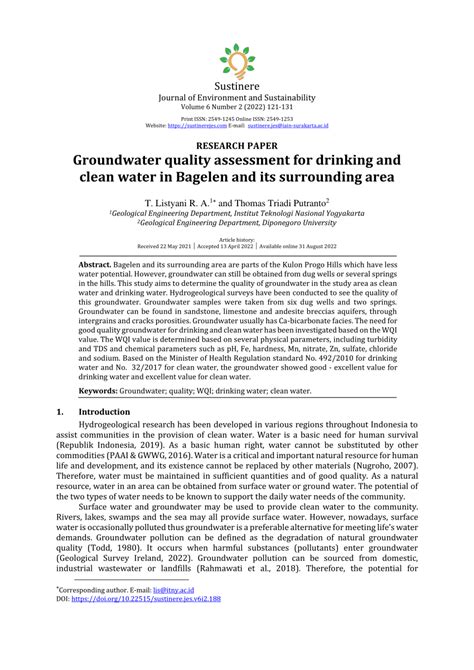 Pdf Groundwater Quality Assessment For Drinking And Clean Water In Bagelen And Its Surrounding