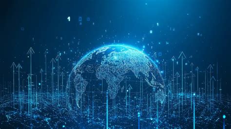 Digital Wireframe Globe With Data Streams And Upward Arrows Symbolizing