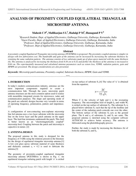 Pdf Analysis Of Proximity Coupled Equilateral Triangular Microstrip Antenna